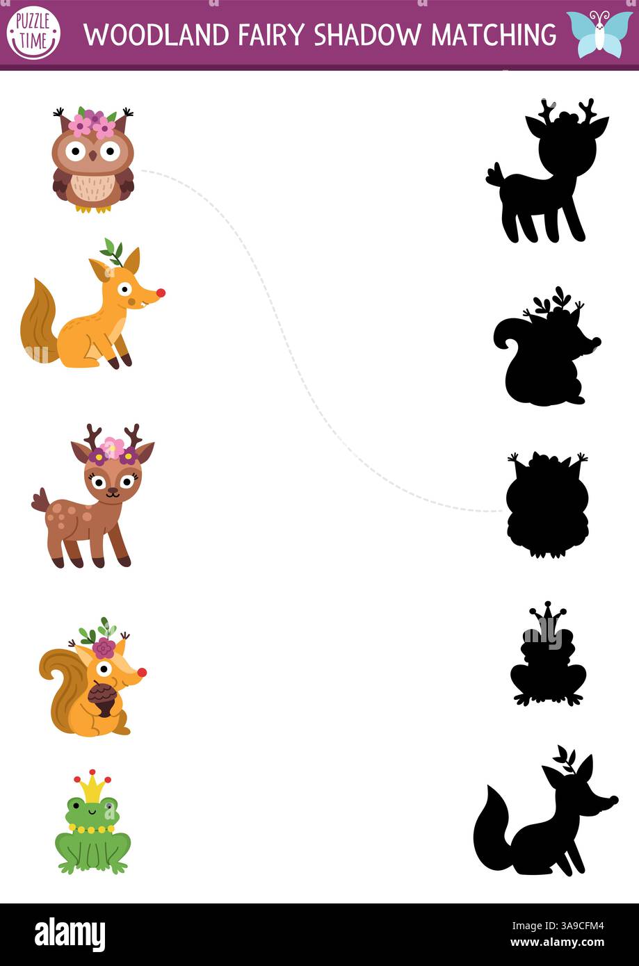 Woodland fairy shadow matching activity with fantasy animals. Magic ...