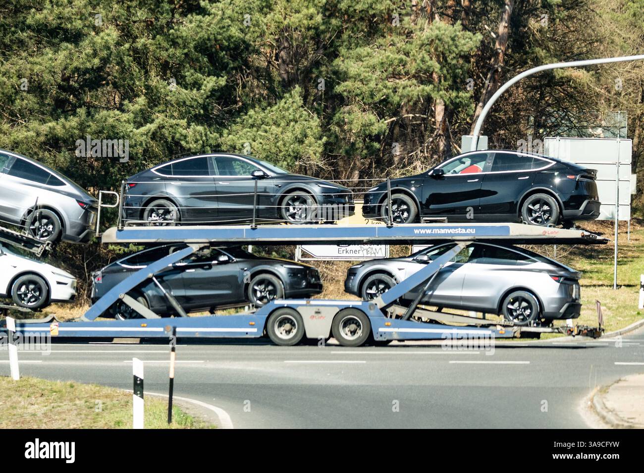 Grünheide, Brandenburg, Germany - March 28, 2025: A car transporter ...