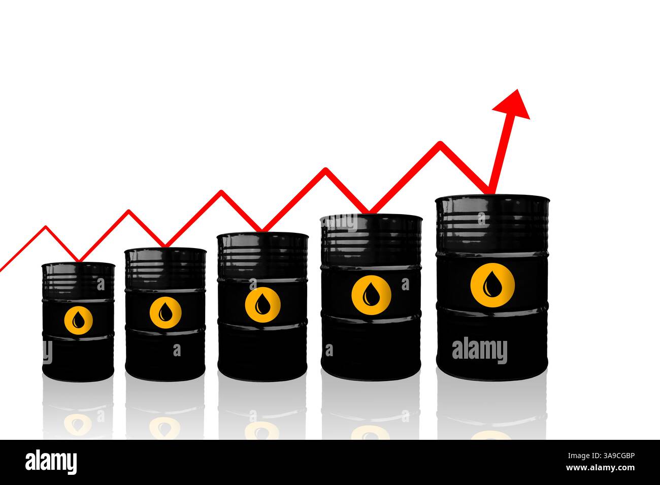 Crude oil prices go up. Crude oil barrels on a white background with ...