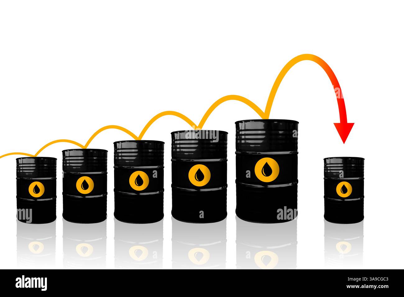 Crude oil prices go down. Crude oil barrels on a white background with ...