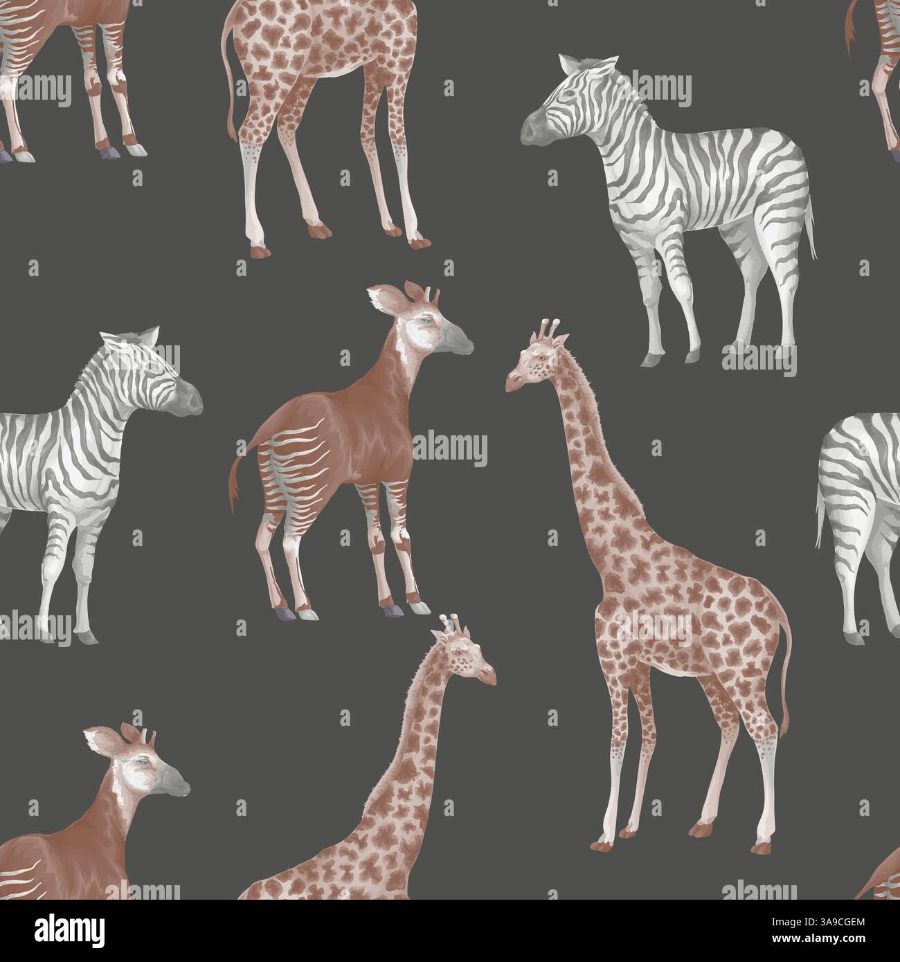 Seamless pattern with jungle animals such as giraffe, okapi, zebra ...