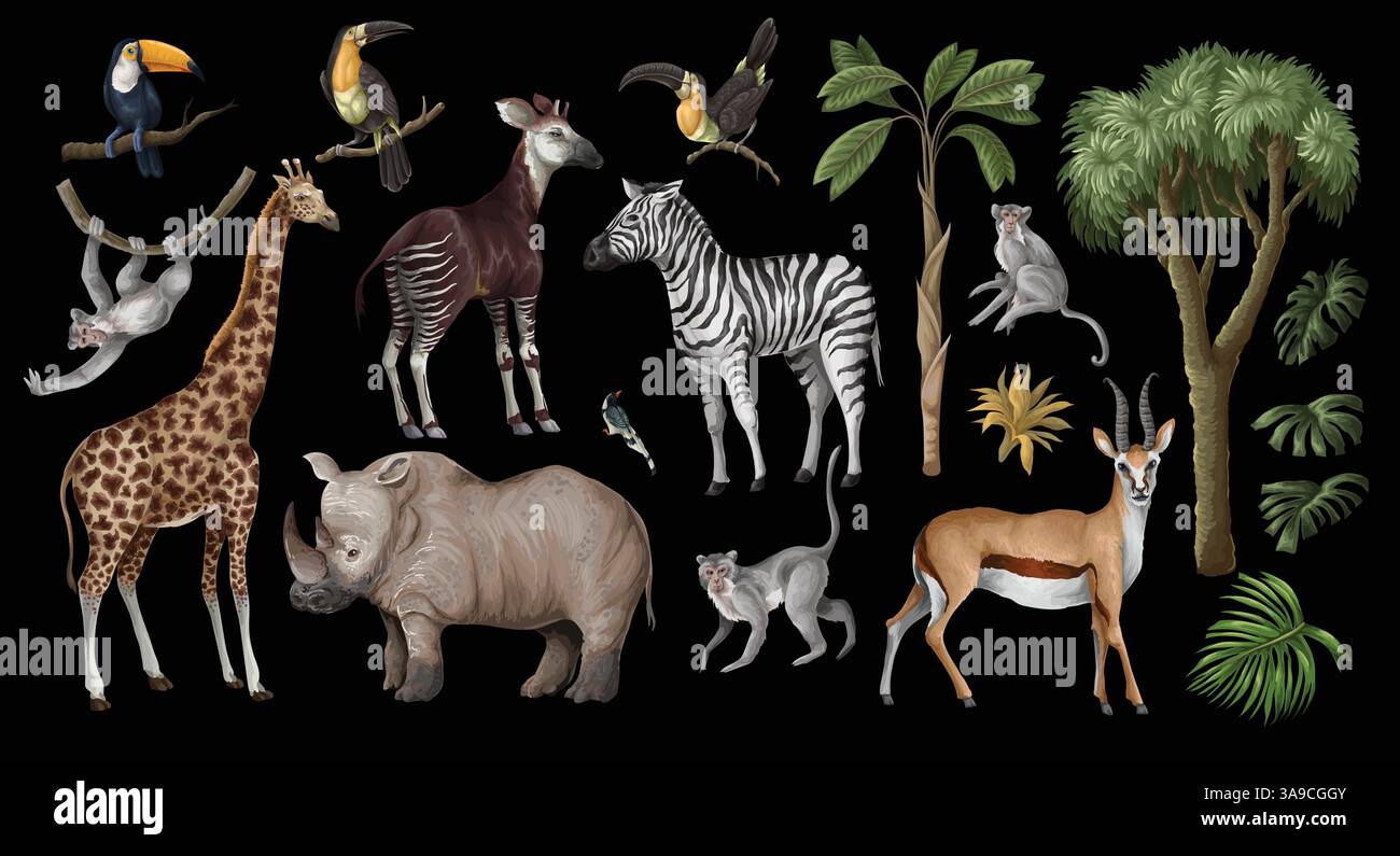 Jungle animals and trees isolated. Palm trees, giraffe, okapi, zebra ...