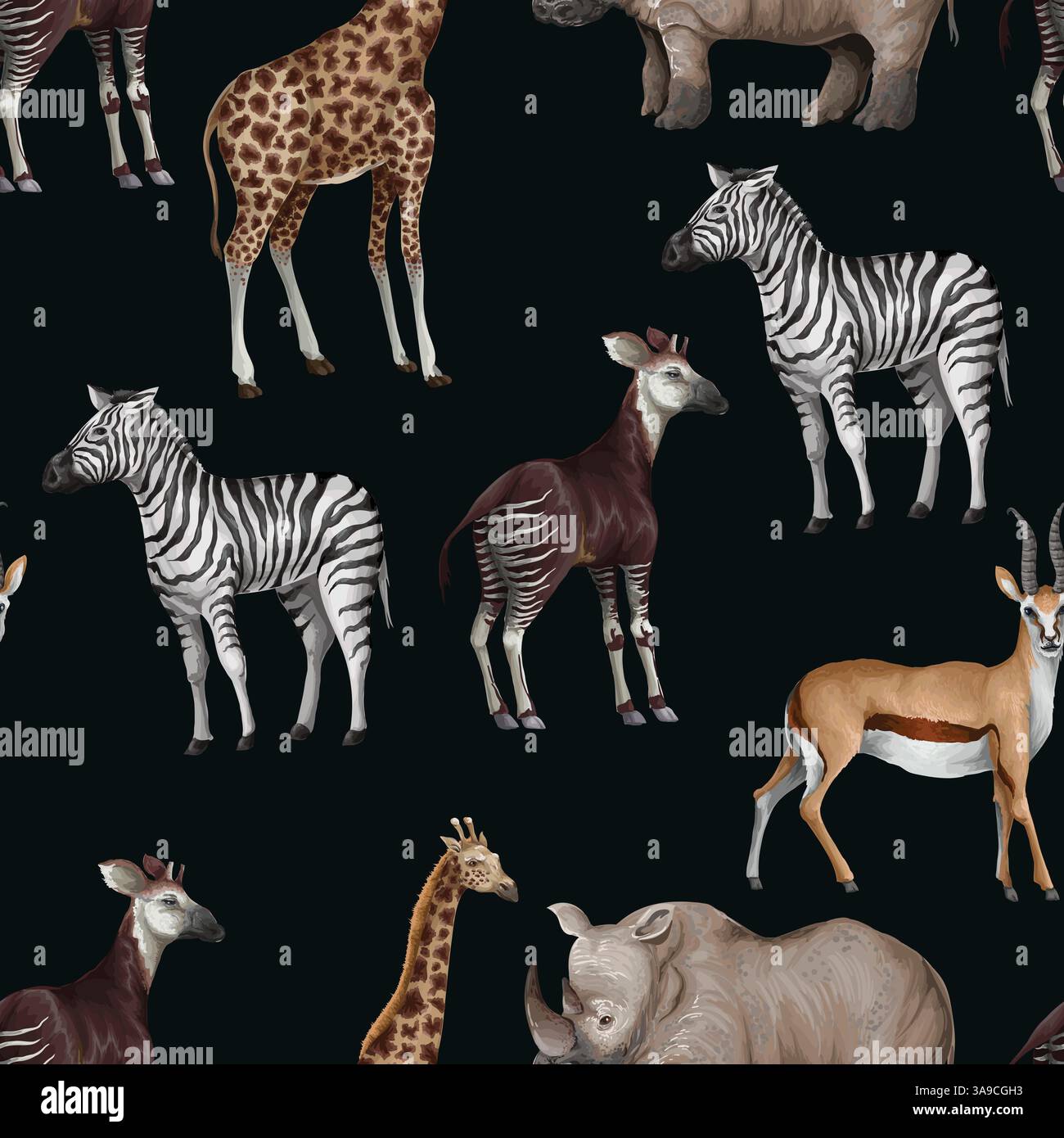 Seamless pattern with jungle animals such as giraffe, okapi, zebra ...