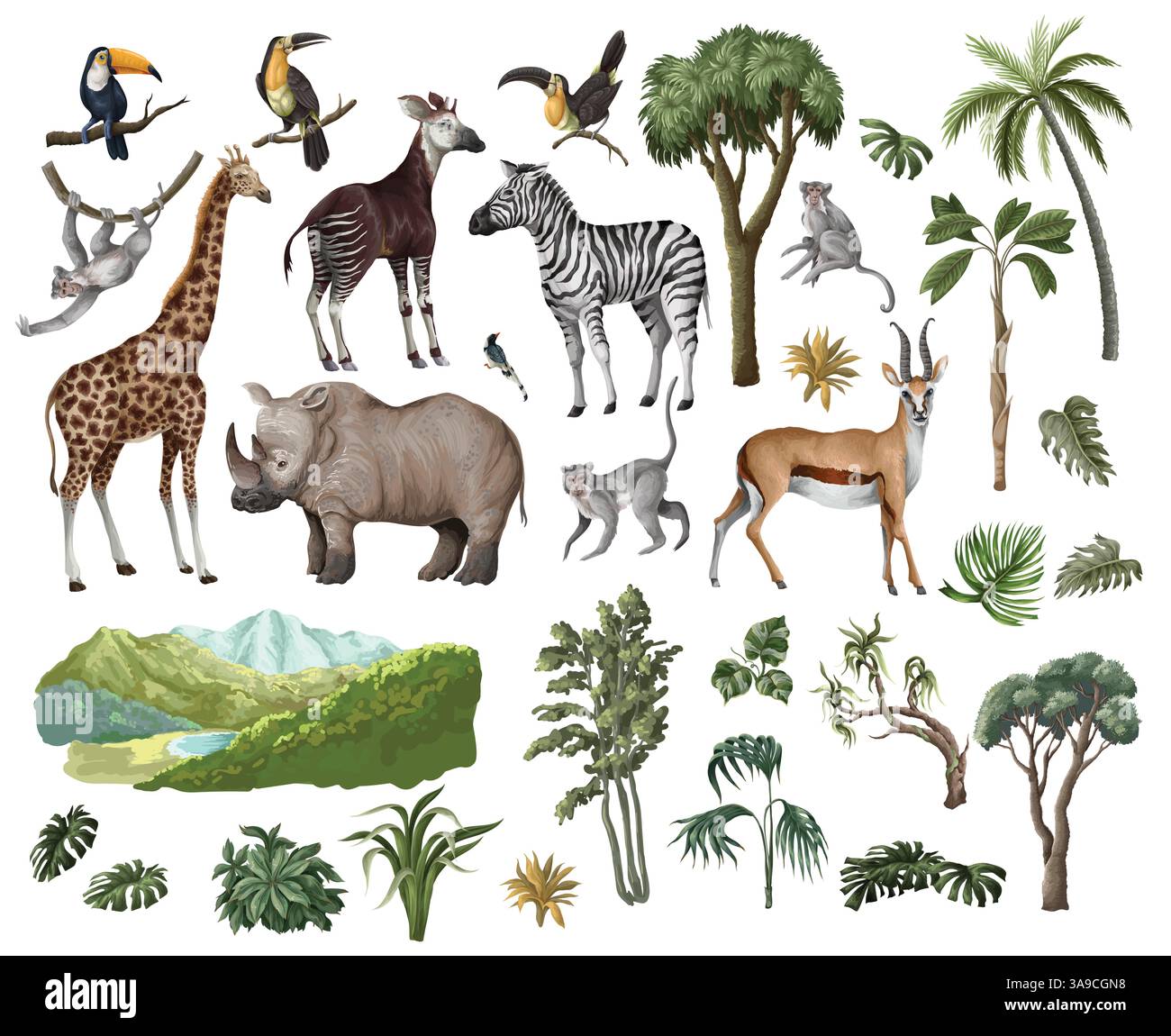 Jungle animals and trees isolated. Palm trees, giraffe, okapi, zebra ...
