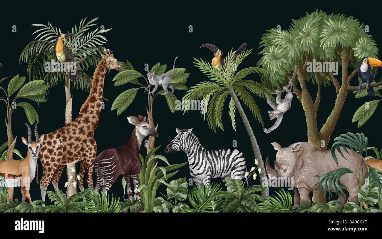 Mural with jungle animals and trees, realistic, cute landscape. Vector ...