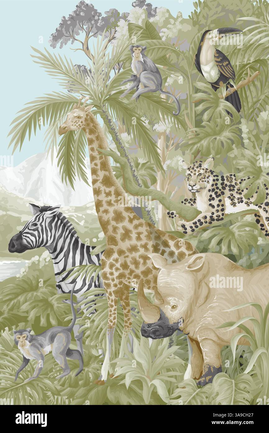 Mural with jungle animals and trees, realistic, cute landscape. Vector ...