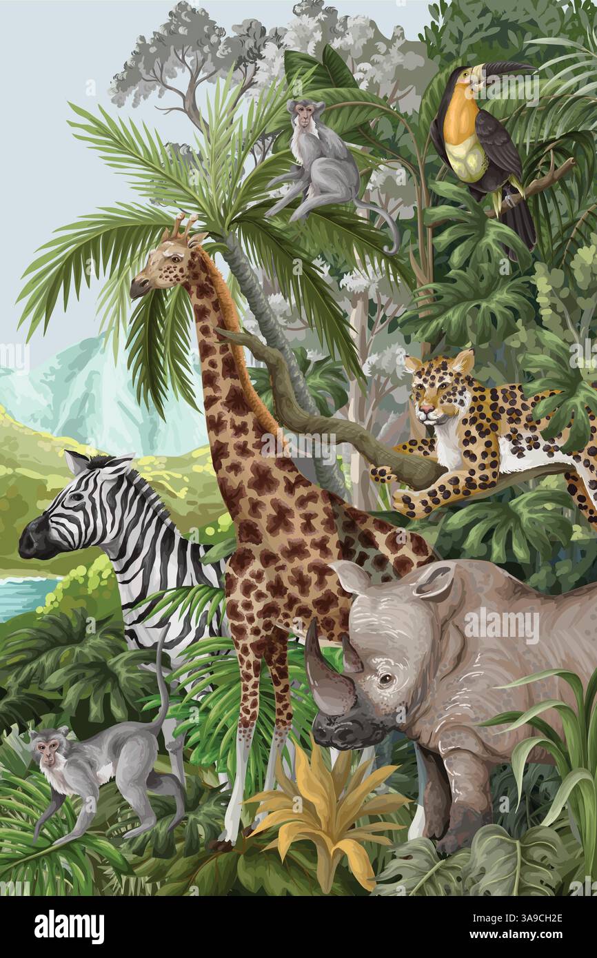 Mural with jungle animals and trees, realistic, cute landscape. Vector ...