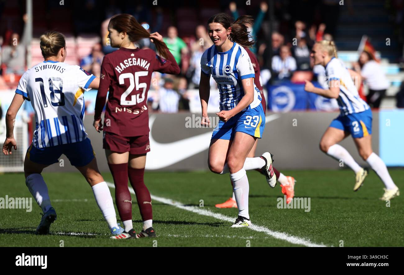 Crawley, UK. 30th Mar, 2025. Brighton's Charlie Rule celebrates pulling ...