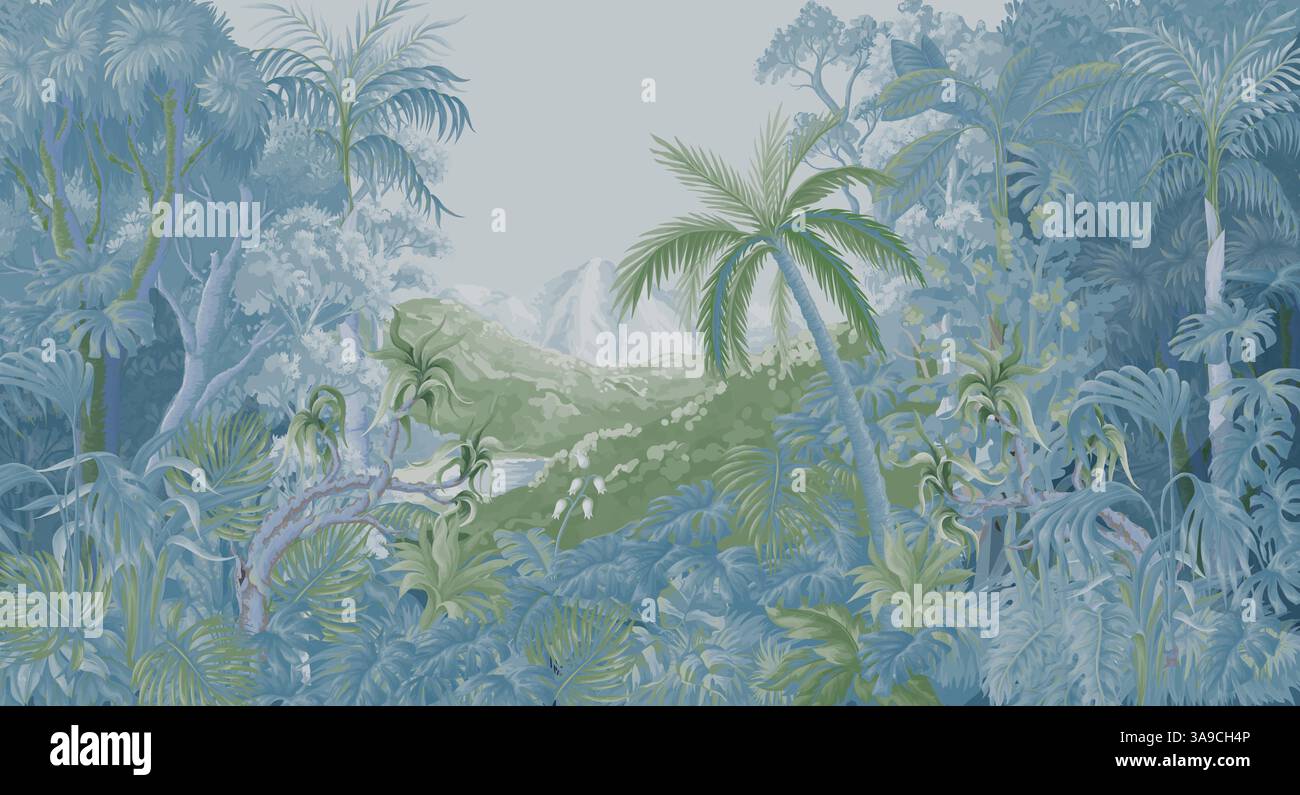 Mural with monochrome jungle forest. Palm trees, tropical leaves ...