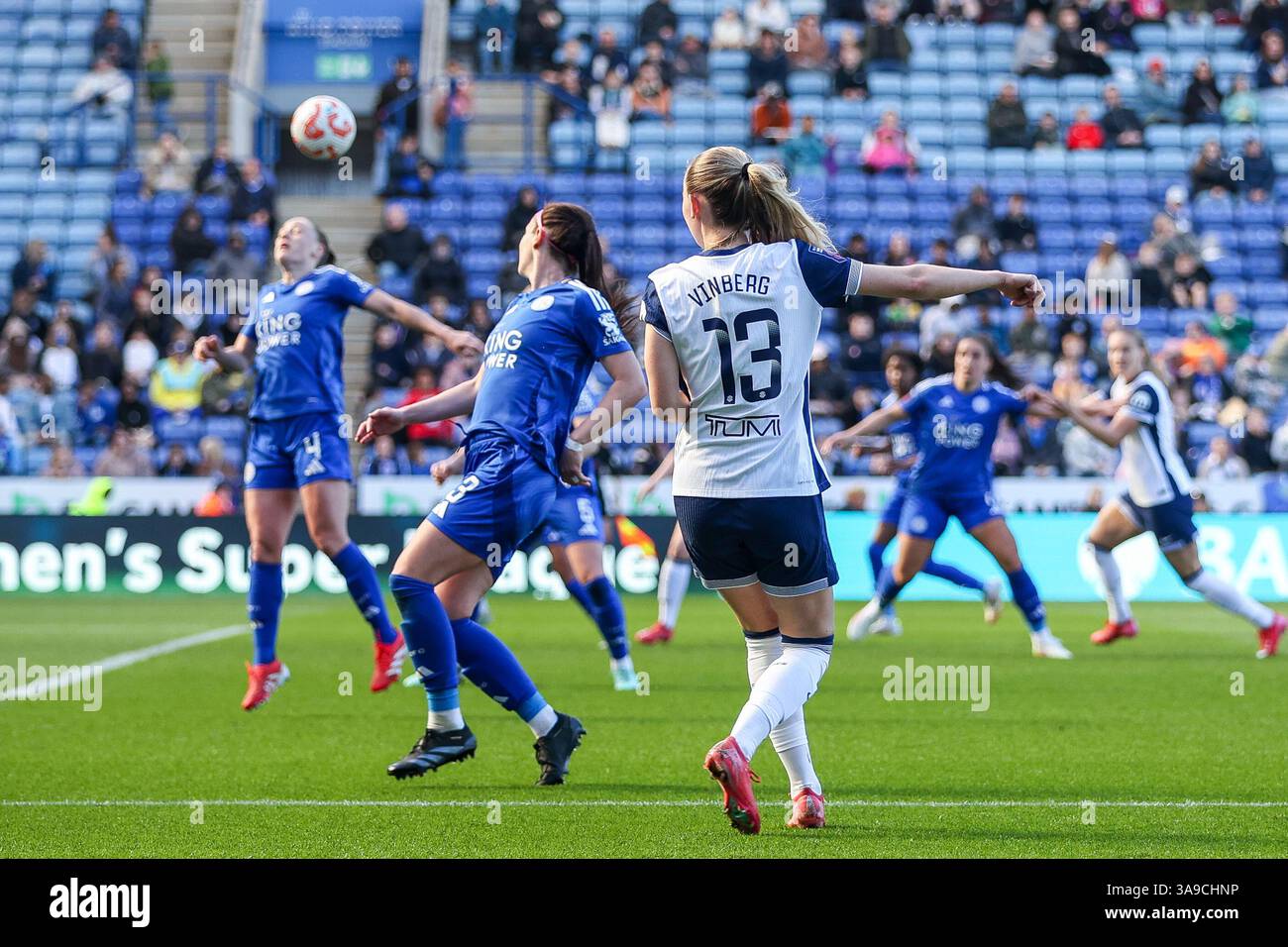 Leicester, UK. 30th Mar, 2025. #13, Matilda Vinberg of Spurs hits it ...
