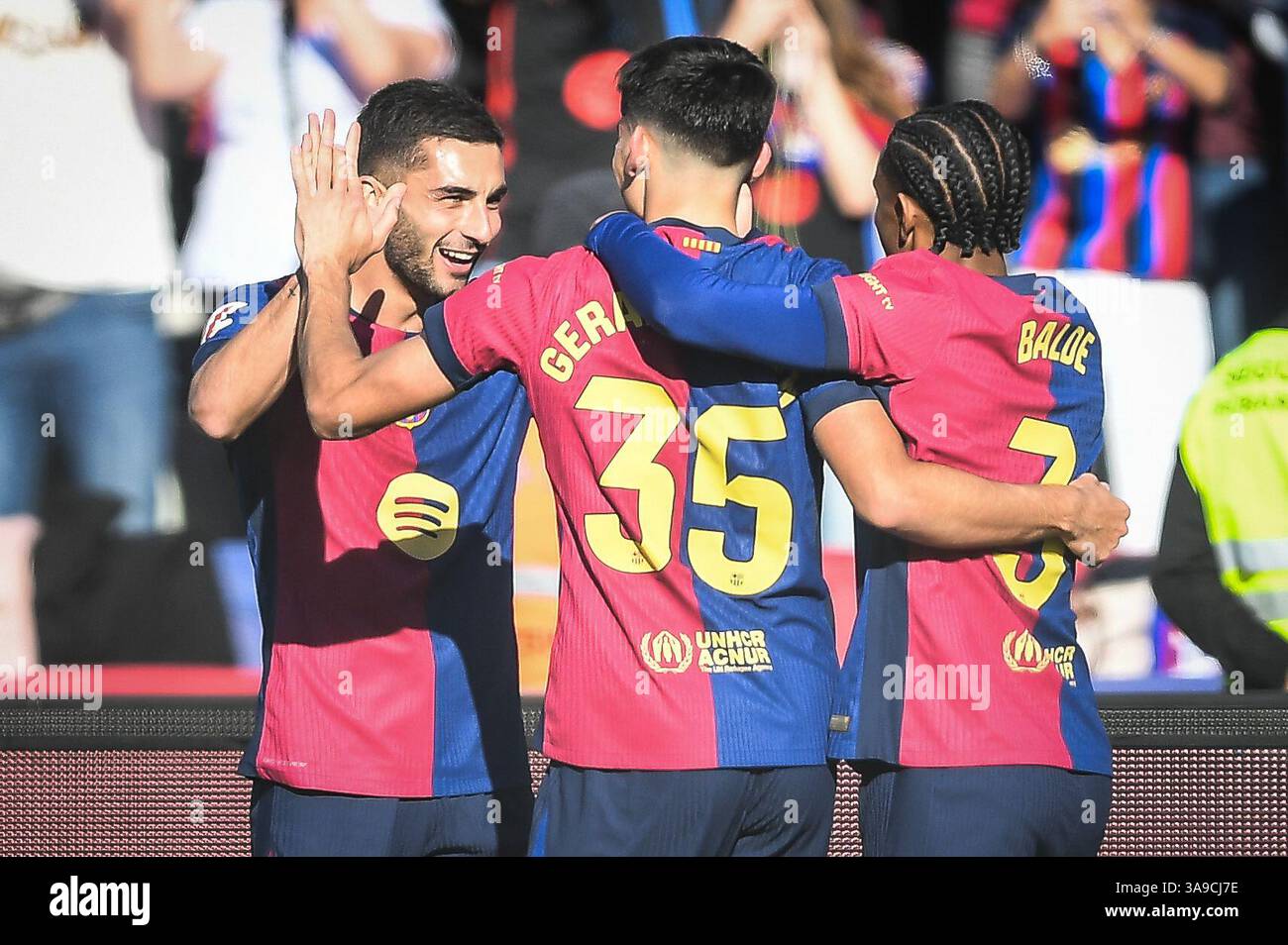 Ferran TORRES of Barcelona celebrate his goal with Gerard MARTIN of Barcelona and Alejandro ...