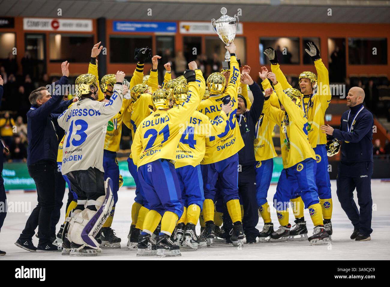 Players of, Sweden. , . celebrate after the FIB 2025 Bandy World ...