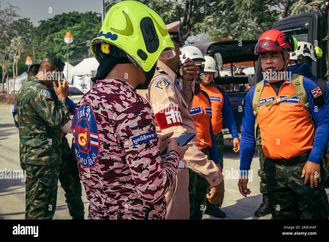 Bangkok, Thailand, March 29, 2025. Rescuers work at the site of a high-rise building under ...