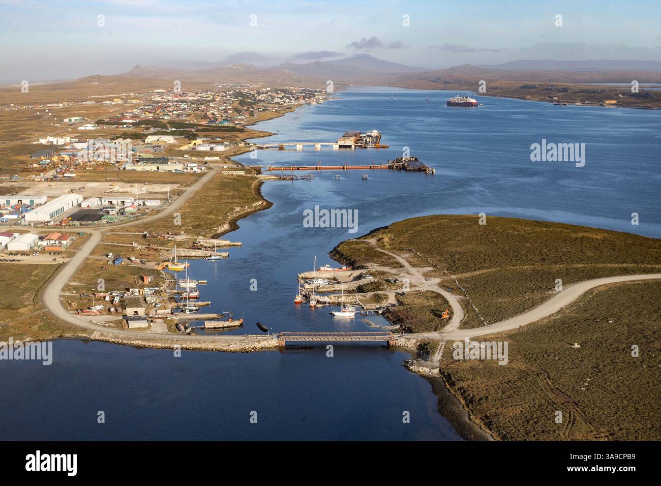 An aerial photograph of Stanley, the capital of The Falkland Islands ...