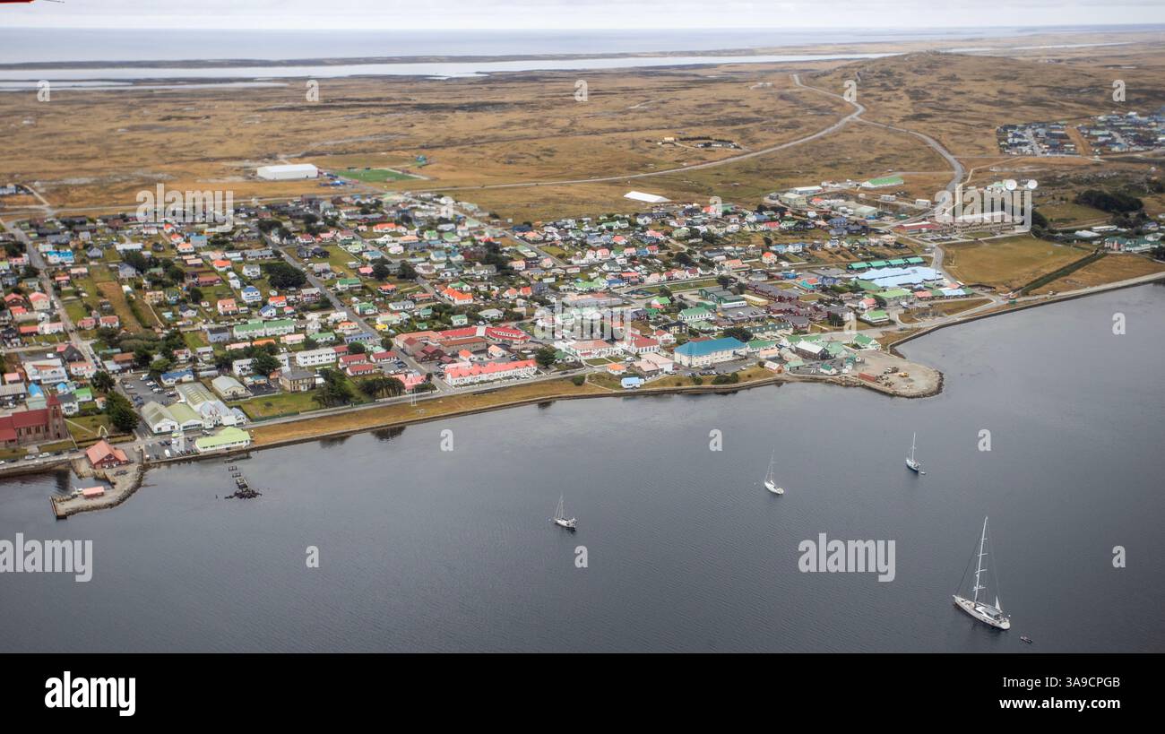 An aerial photograph of Stanley, the capital of The Falkland Islands ...