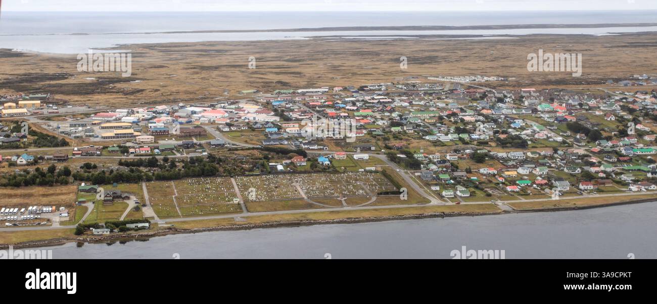 An aerial photograph of Stanley, the capital of The Falkland Islands ...