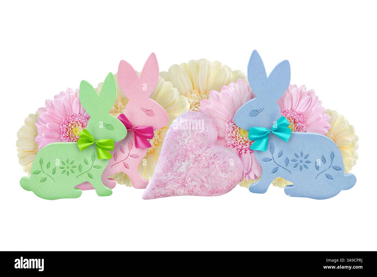 3 Easter Bunnies and heart with flowers isolated on white background ...