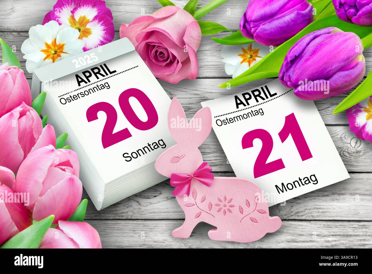 Deutscher Kalender Ostern 20. und 21. April 2025 Blumen und rosa ...