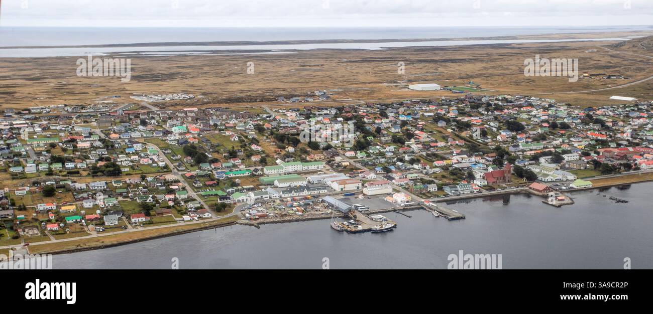 An aerial photograph of Stanley, the capital of The Falkland Islands ...