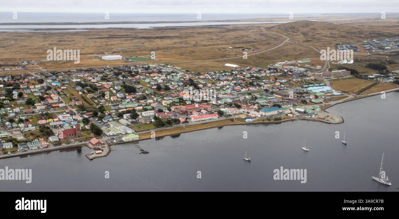 An aerial photograph of Stanley, the capital of The Falkland Islands ...