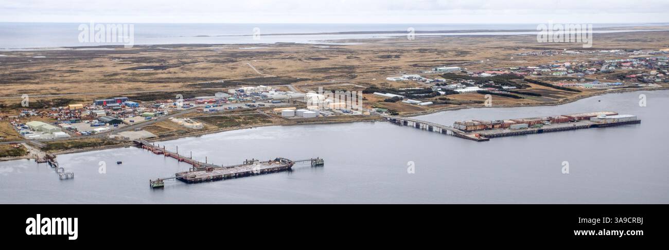 An aerial photograph of Stanley, the capital of The Falkland Islands ...