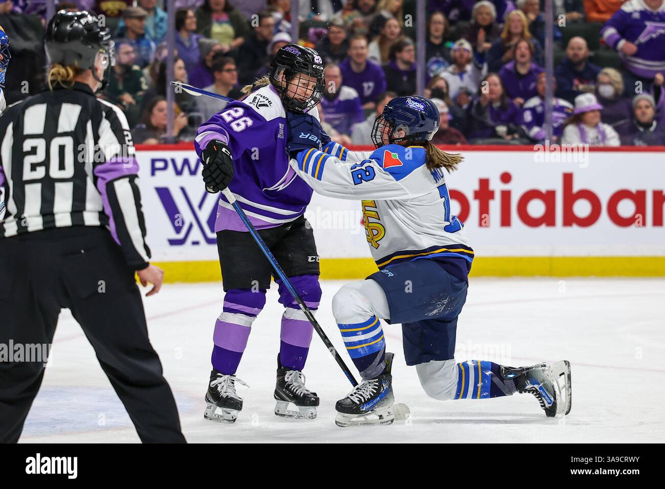 March 30th, 2025: Minnesota Frost forward Kendall Coyne Schofield (26) gets roughed by Toronto ...