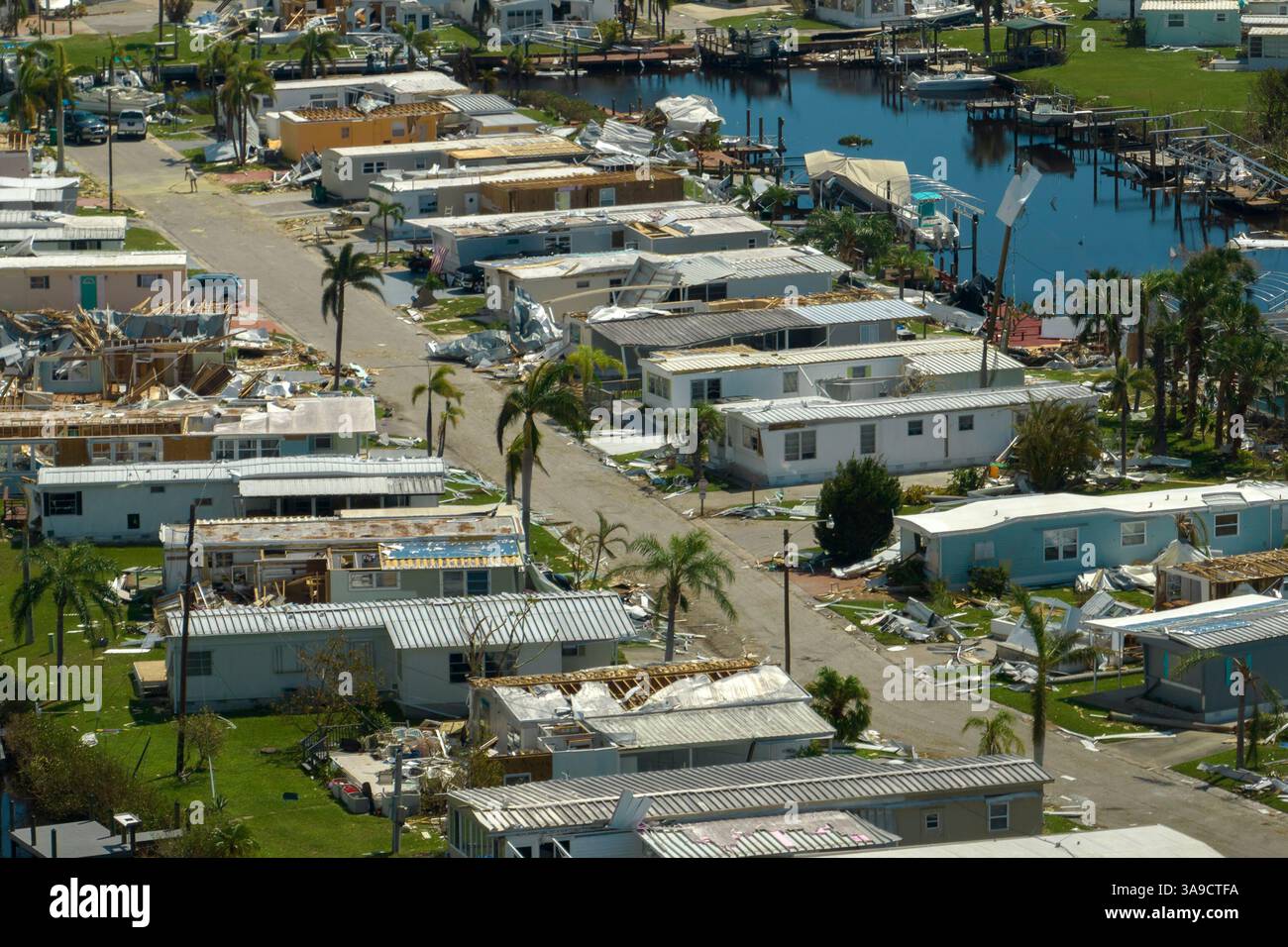 Aerial view of badly damaged mobile homes after hurricane Ian swept ...