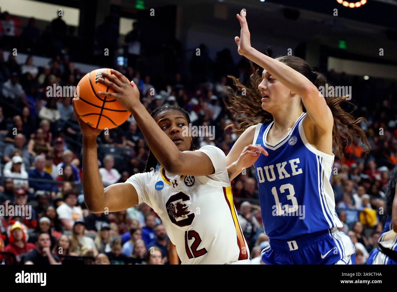 South Carolina guard MiLaysia Fulwiley (12) tries to shoot around Duke ...