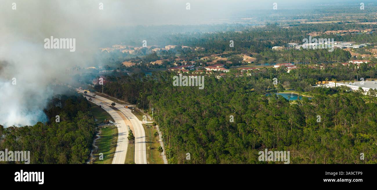 Aerial view of fire department firetrucks extinguishing wildfire ...