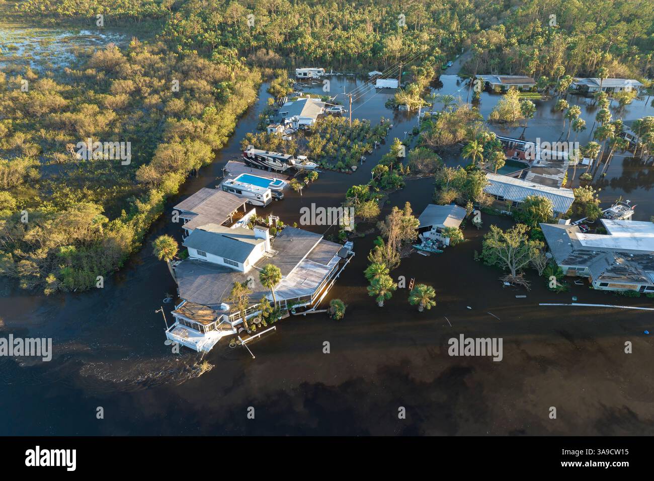 Aftermath of natural disaster. Surrounded by hurricane rainfall flood ...