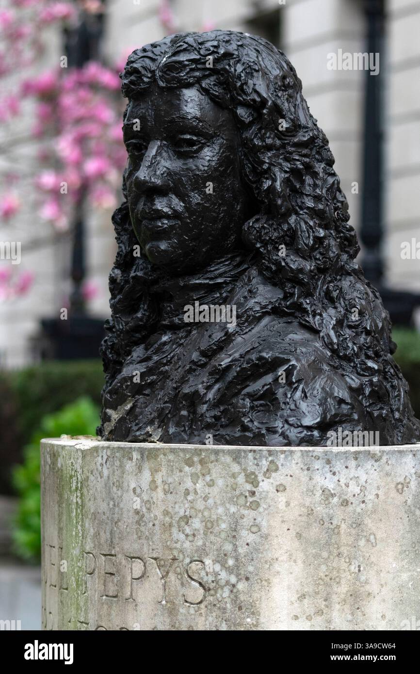 LONDON, UK - MARCH 26, 2025: Memorial bust of Samuel Pepys in Seething Lane Gardens (by Karin ...