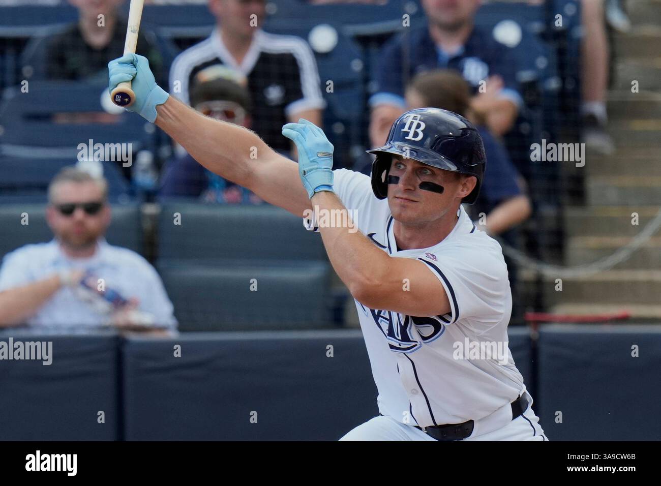 Tampa Bay Rays' Jake Mangum flies out off Colorado Rockies pitcher Ryan ...