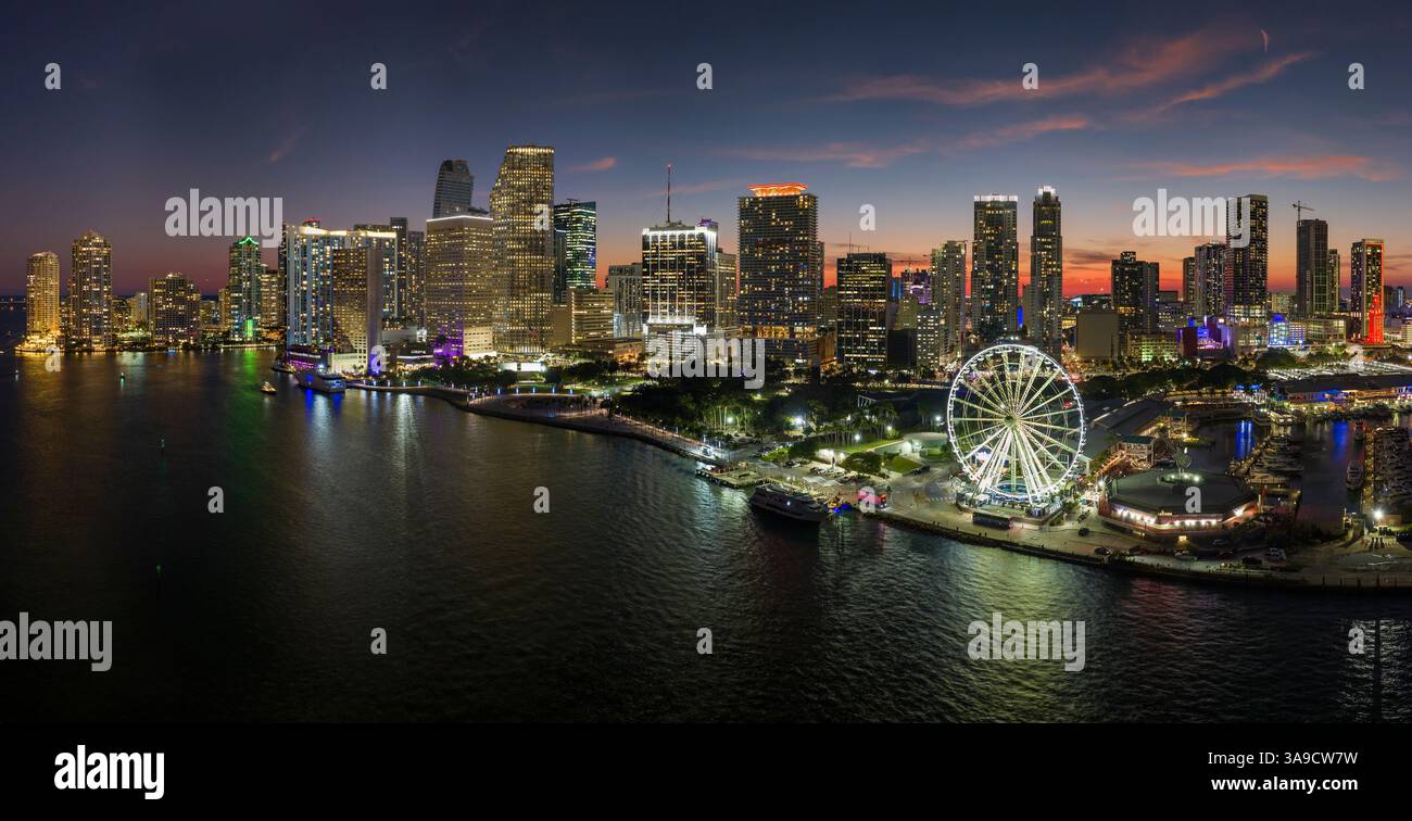 American urban landscape at night. Skyviews Miami Observation Wheel at ...