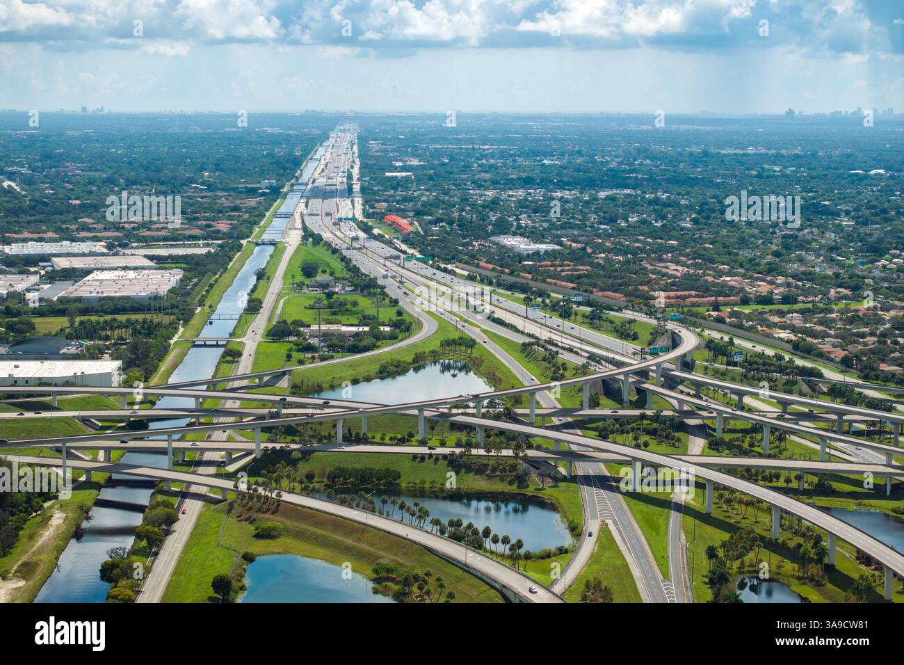 American highway junction with fast driving vehicles in Miami, Florida ...