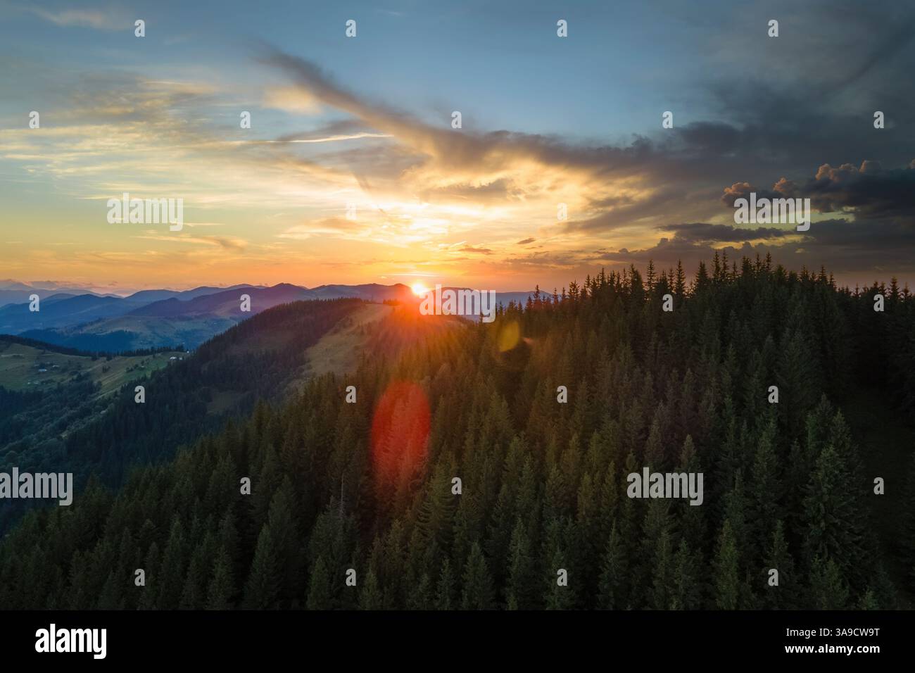 Beautiful nature landscape. Aerial view of colorful sunset in wild ...