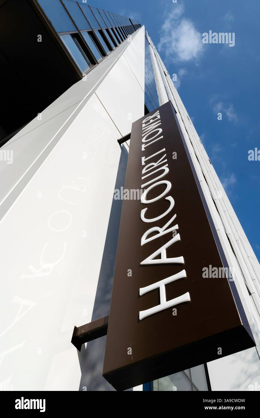LONDON, UK - MARCH 26, 2025: Sign on Harcourt tower at South Quay Plaza ...