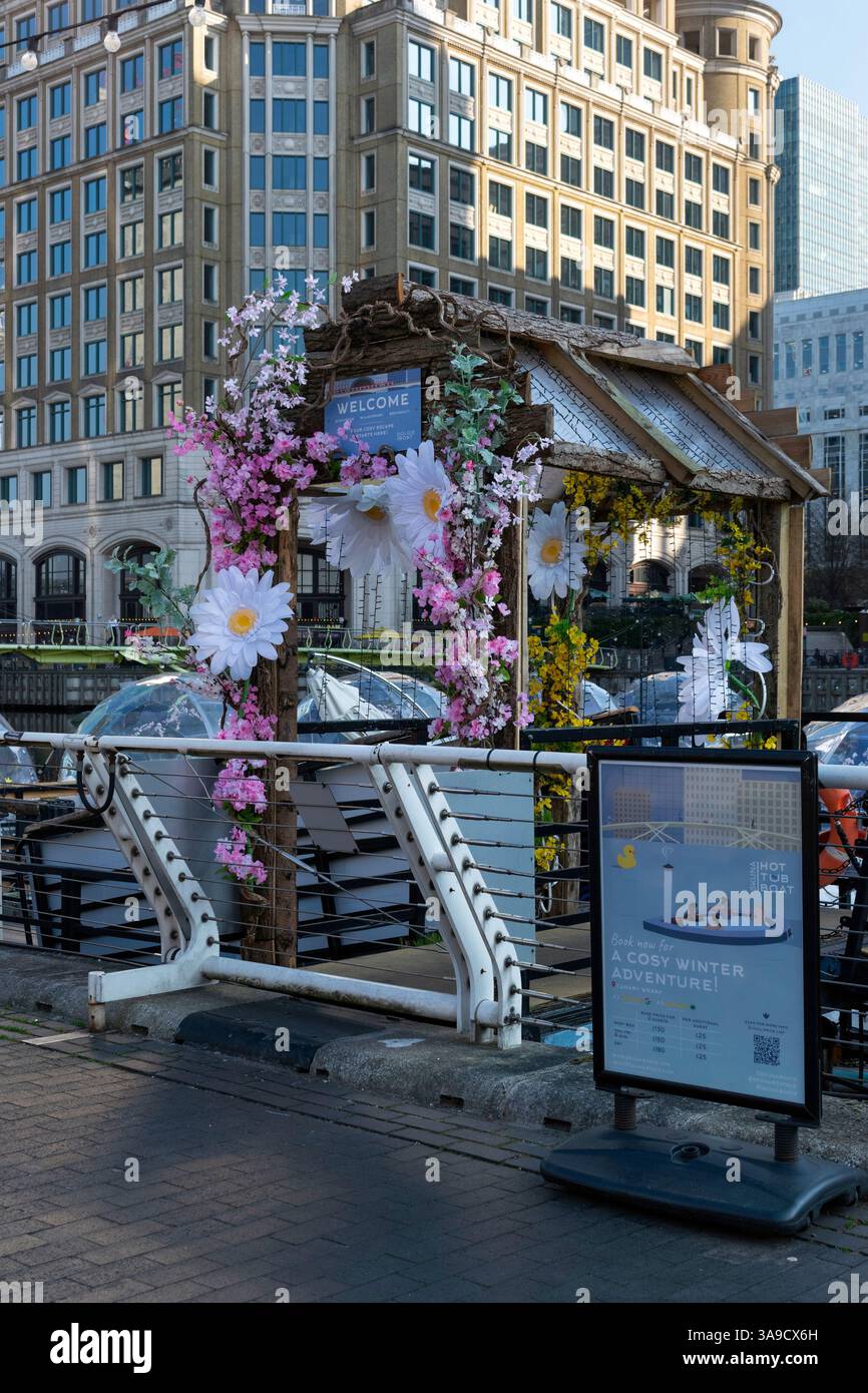 LONDON, UK - MARCH 26, 2025: Pretty entrance to the quay for the Skuna ...