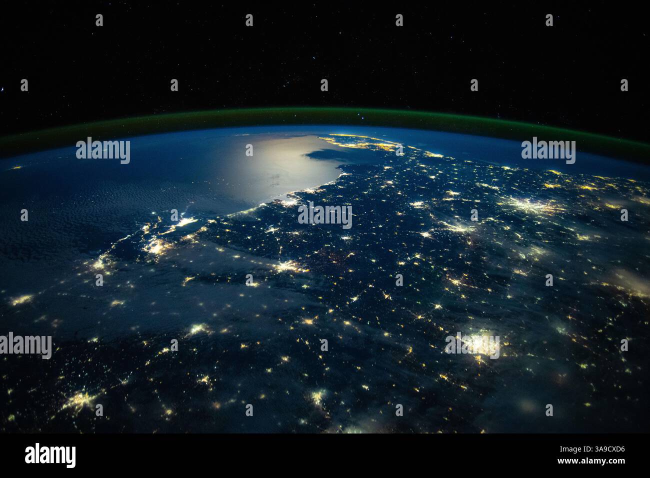 USA city lights at night from space. Digital enhancement of an image by ...