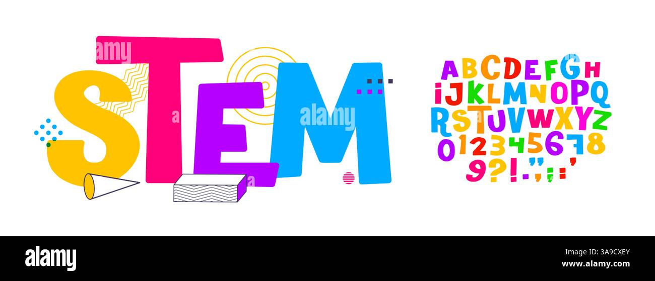 Colorful STEM education font with full letters and numbers set, bright ...