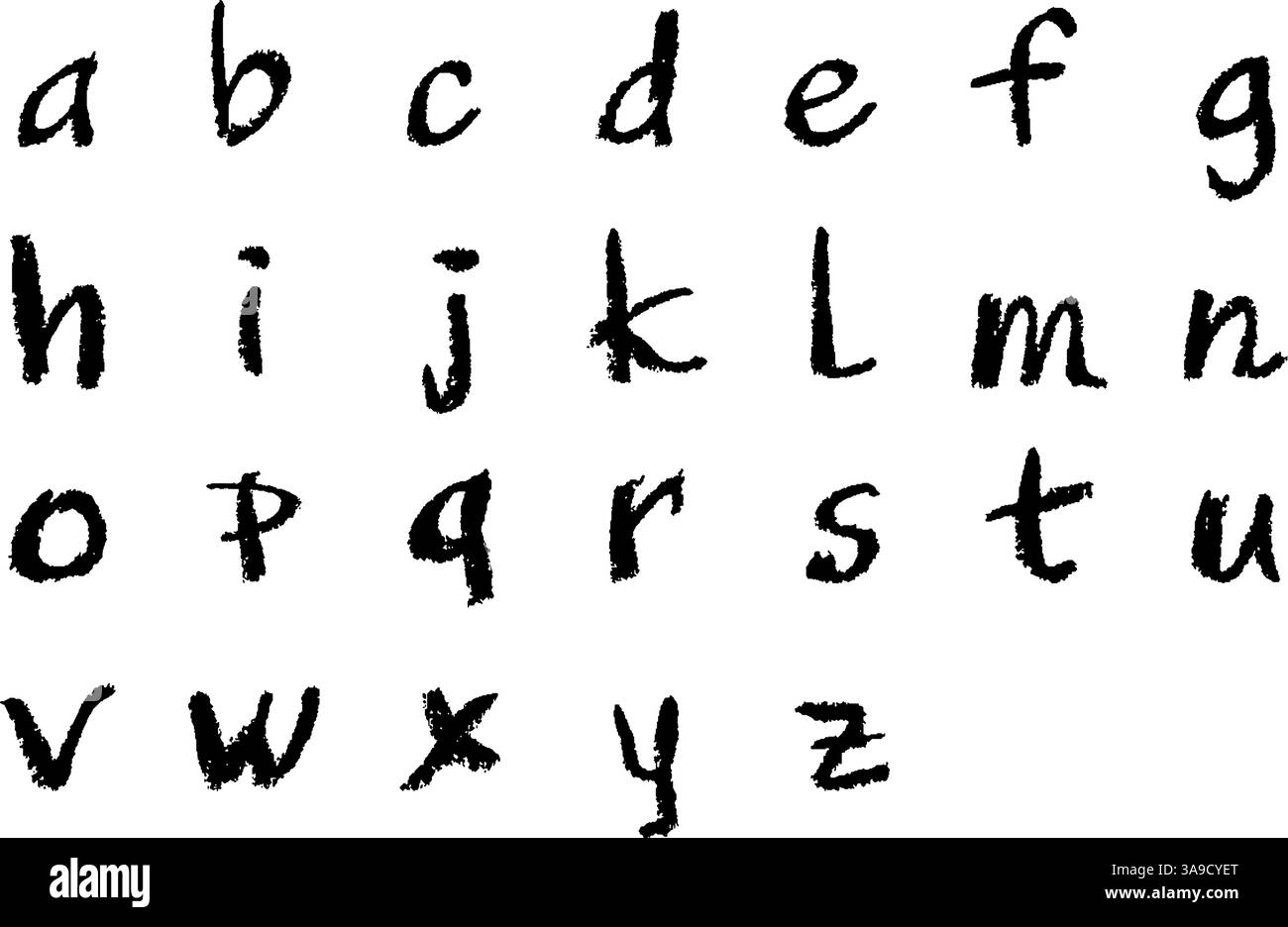 English alphabet hand-drawn in a crayon. Lowercase black letters in chalk, pastel, or wax style ...