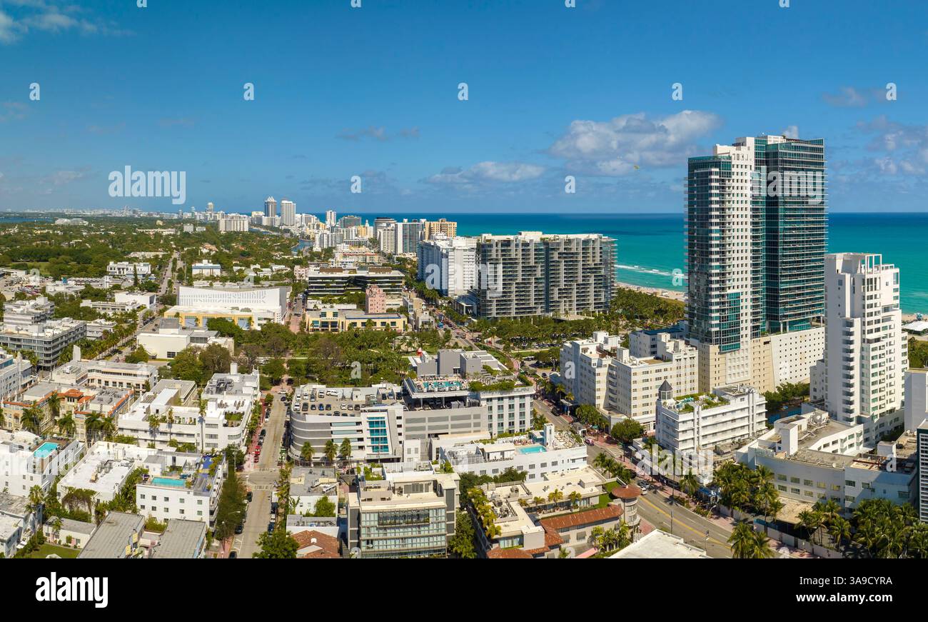 Miami Beach city with high luxury hotels and condos. High angle view of ...