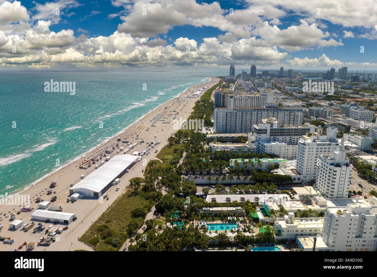 Tourism infrastructure in southern USA. South Beach sandy surface with ...