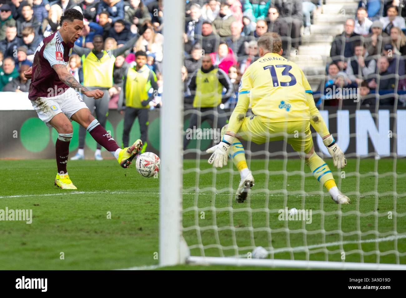 Deepdale, Preston on Sunday 30th March 2025. Morgan Rogers #27 of Aston Villa F.C has a shot at ...