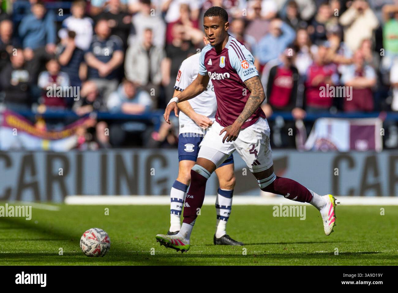 Deepdale, Preston on Sunday 30th March 2025. Ezri Konsa #4 of Aston Villa F.C during the ...