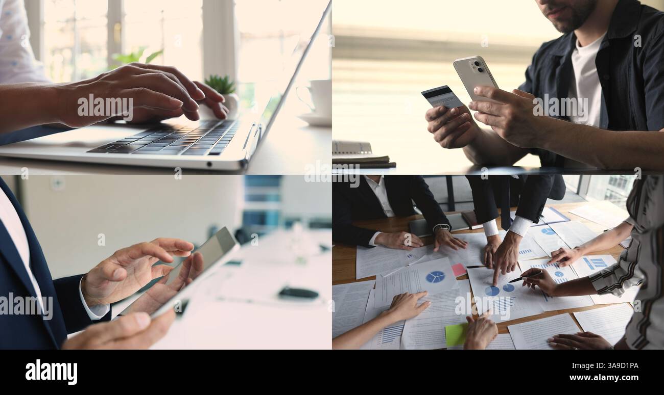 Diverse people using tech, engaged in teamwork at workplaces, collage ...