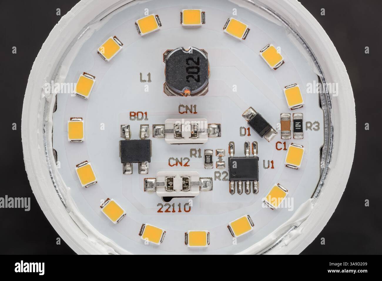 The internal structure of a disassembled LED lamp. The board with ...