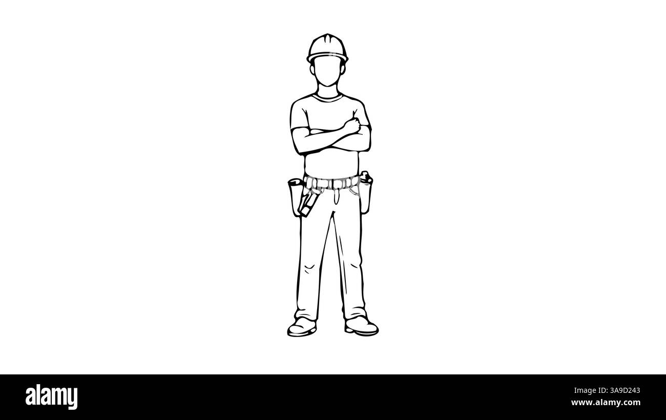 Construction worker stands arms crossed. Hard hat tool belt uniform ...