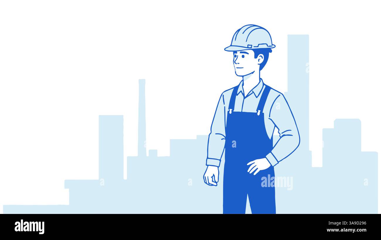Worker engineer stands city. Blue uniform helmet safety. Construction ...