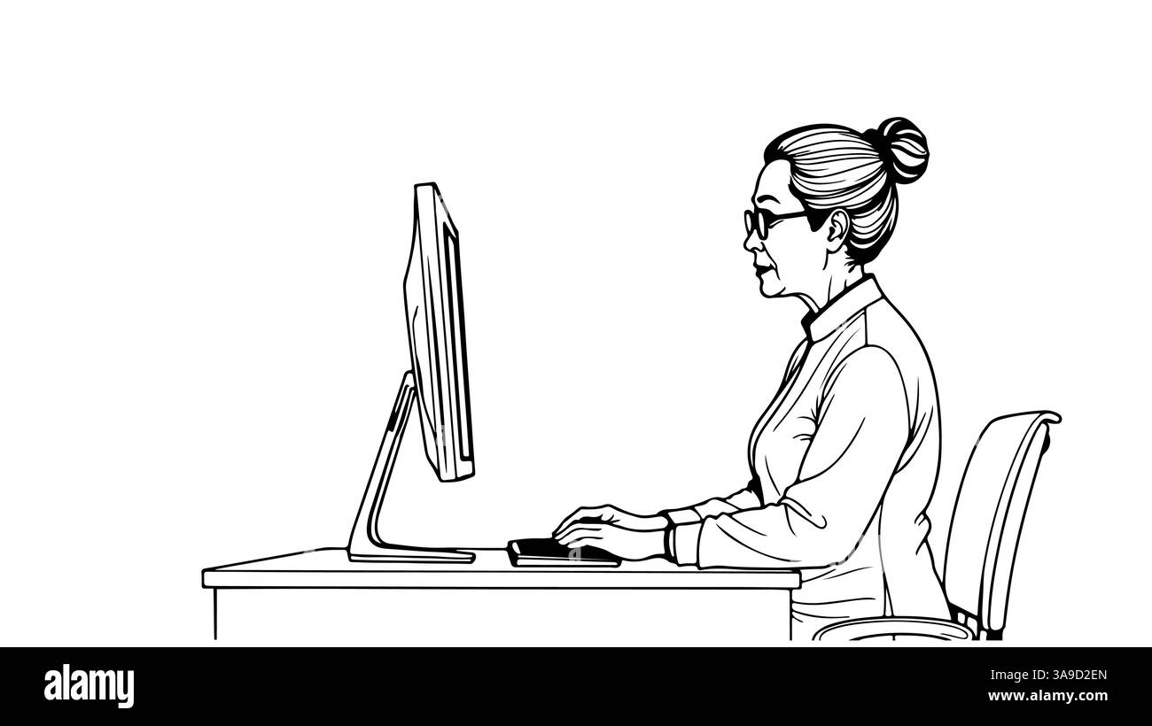 Eldery woman works at computer. Adult person with glasses and blouse ...