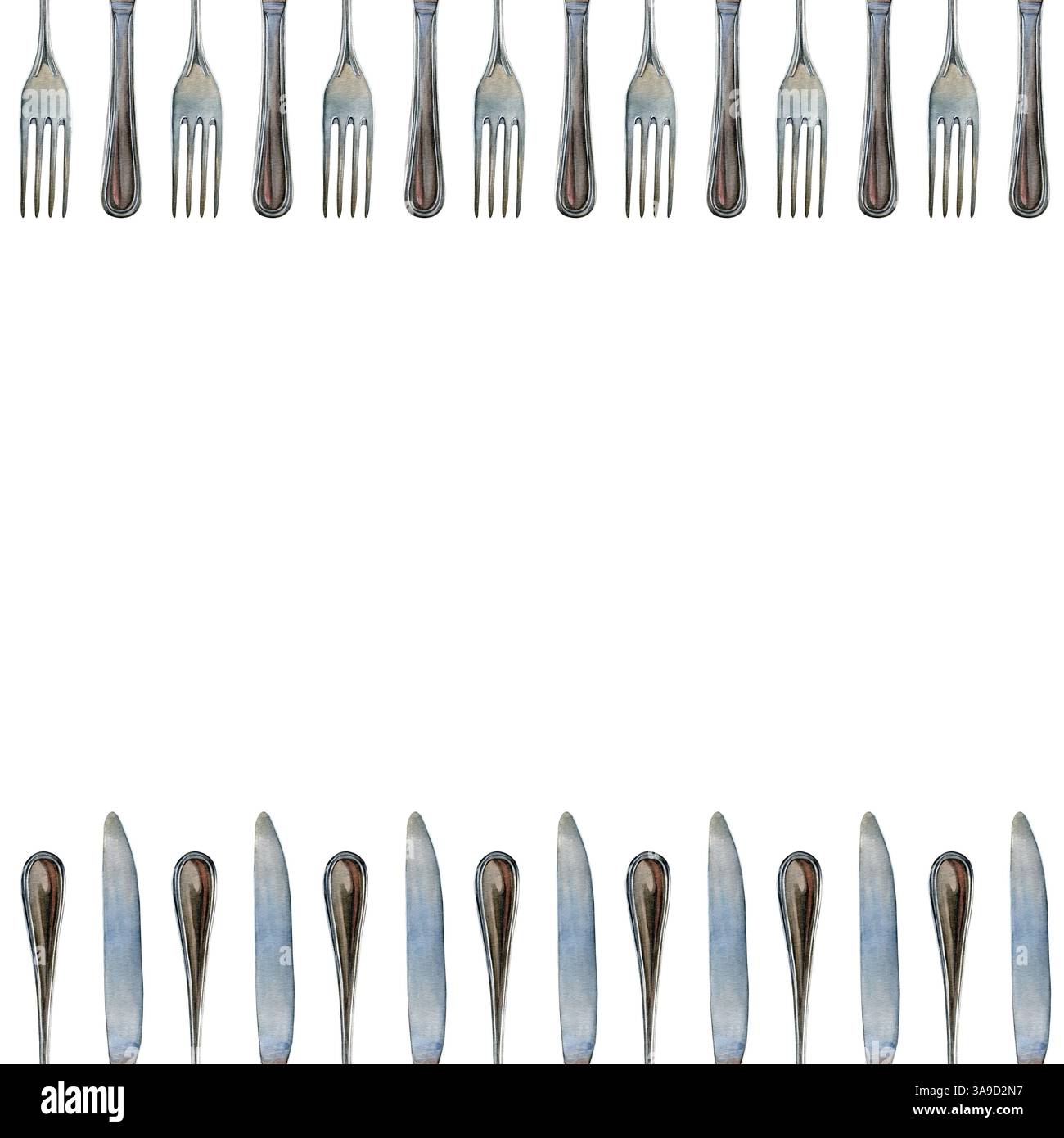 Seamless border with forks and knives. Watercolor illustration of ...